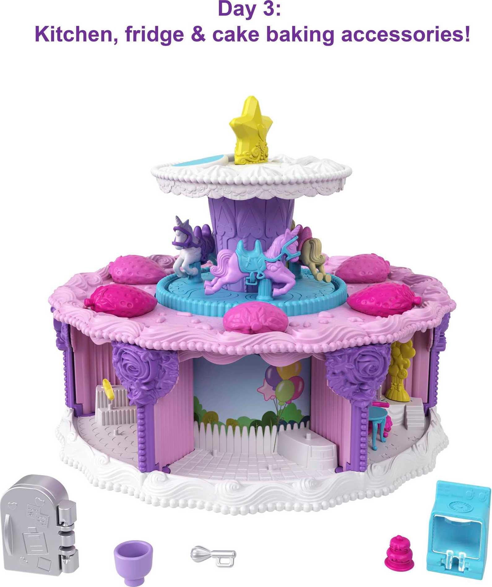Polly Pocket 2-in-1 Playset, Unicorn Toy with 2 Micro Dolls & 25 Surprise Accessories, Birthday Cake Countdown