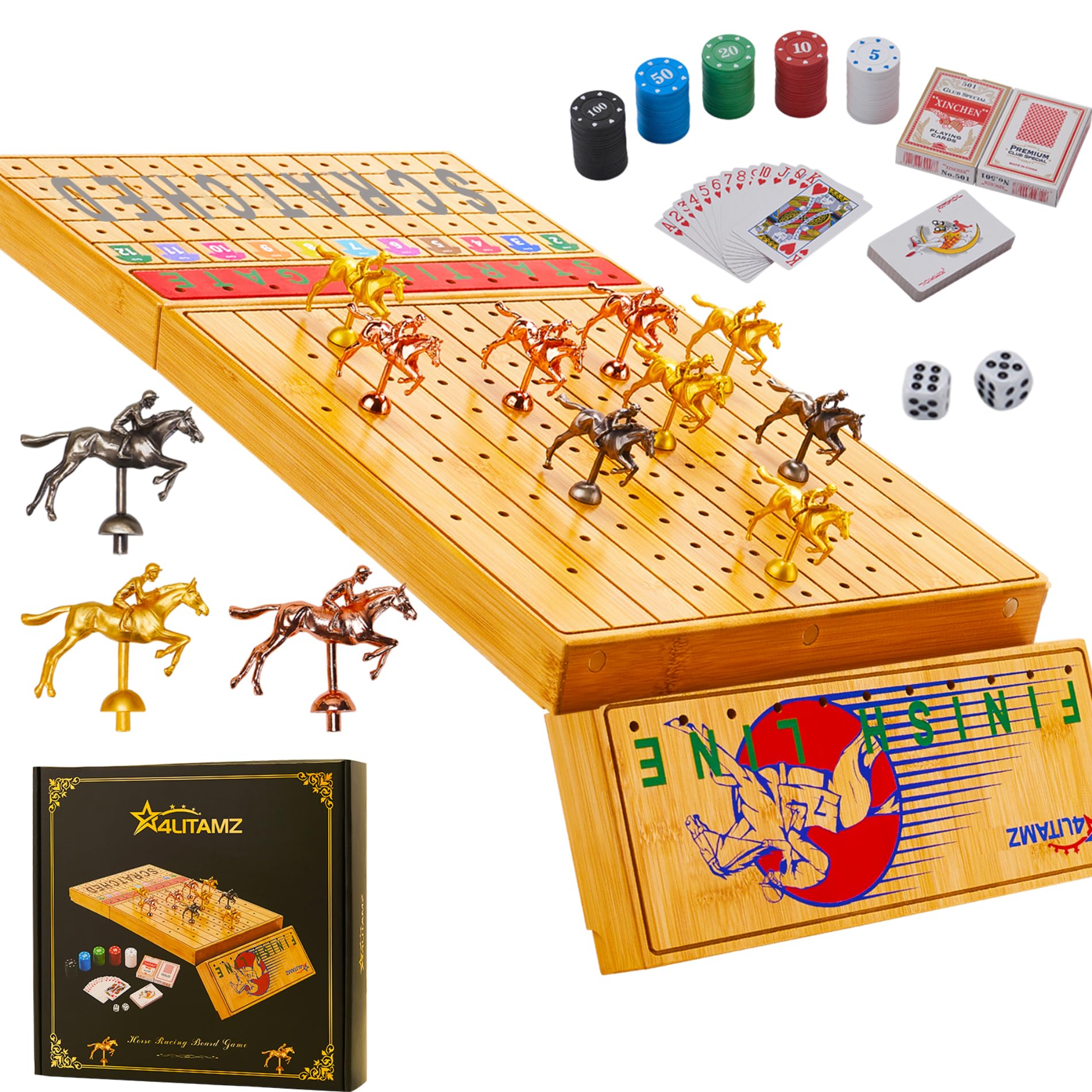 Bamboo Portable Horse Race Board Game, Bamboo Horse Race Board Game with 11 Metal Horses (Bamboo)