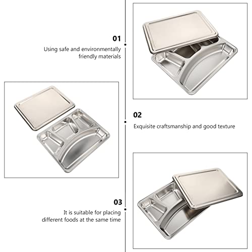 DOITOOL Feeding Serving Tray Stainless Steel Divided Dinner Plate: 4 Compartment Portion Control Plate with Lid Diet Dish Serving Platter Luncheon Plate for Kitchen Fruit Plate
