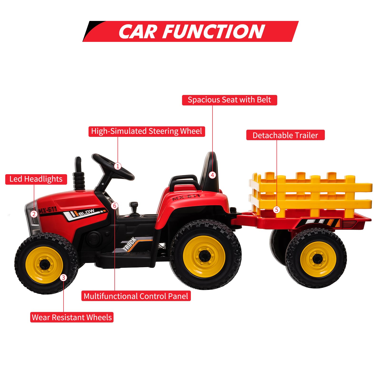 Nasitip 12V Kids Battery Powered Electric Tractor with Trailer, Toddler Ride On Car w/Remote Control, 7-LED Headlights, 2+1 Gear Shift, MP3 Player USB Port for Kids 3-6 Years (Red, 35W/ EVA Tire)