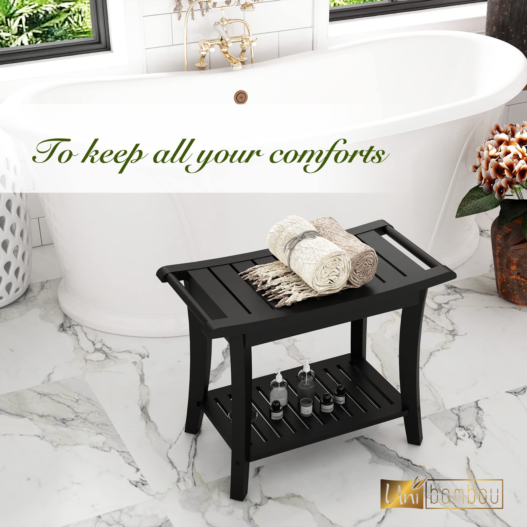 Bamboo Shower Bench Inside Shower Stool with Storage Shelf, Spa Bath Chair for Bathroom, Seat or Organizer for Living Room, Bedroom and Garden - Great for All Ages Unisex Elderly (Waterproof, Black)