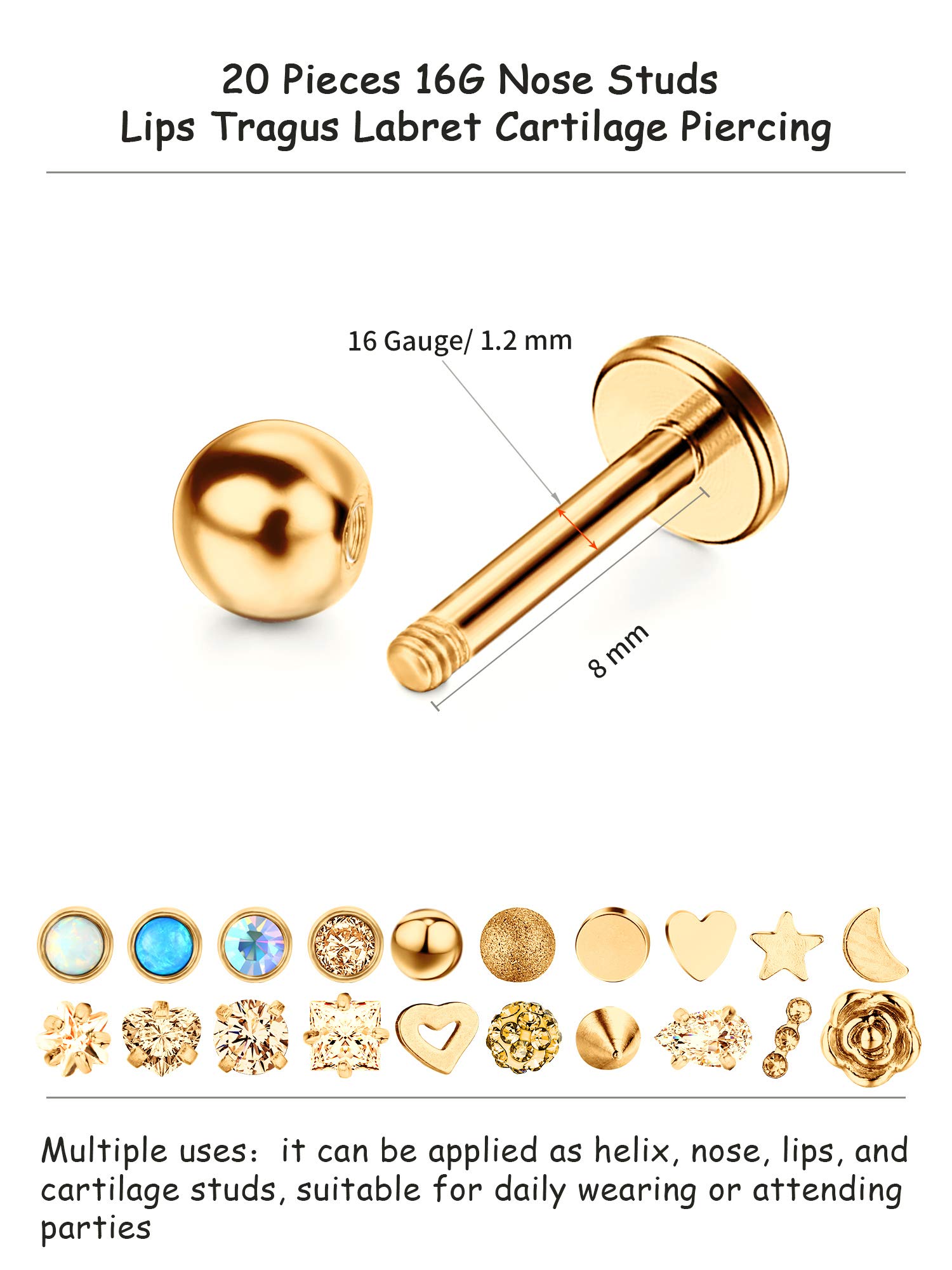 Blulu 20 Pcs 16g Stainless Steel Nose Studs Straight Nose Rings Body Piercing Jewelry 20 Styles for Women Men