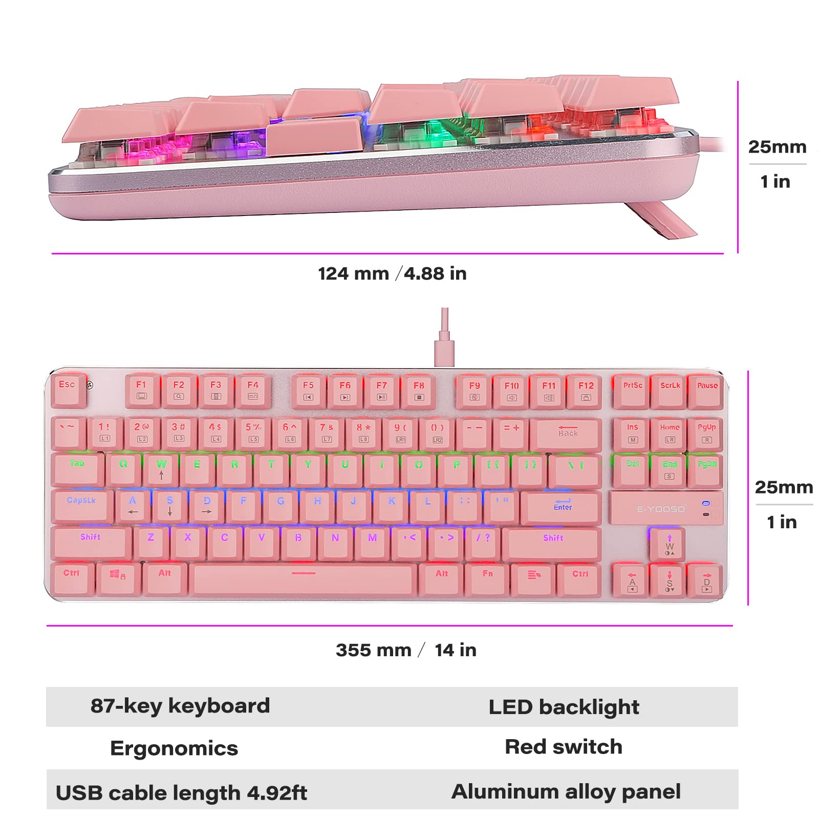 DEANEEK Mechanical Keyboard 87 Keys Small Compact Multicolour Backlit TKL - USB C Wired Mechanical Keyboard - LED Hot Swappable Switches & Keycaps for Windows/Mac/PC (Pink-Red Switch)