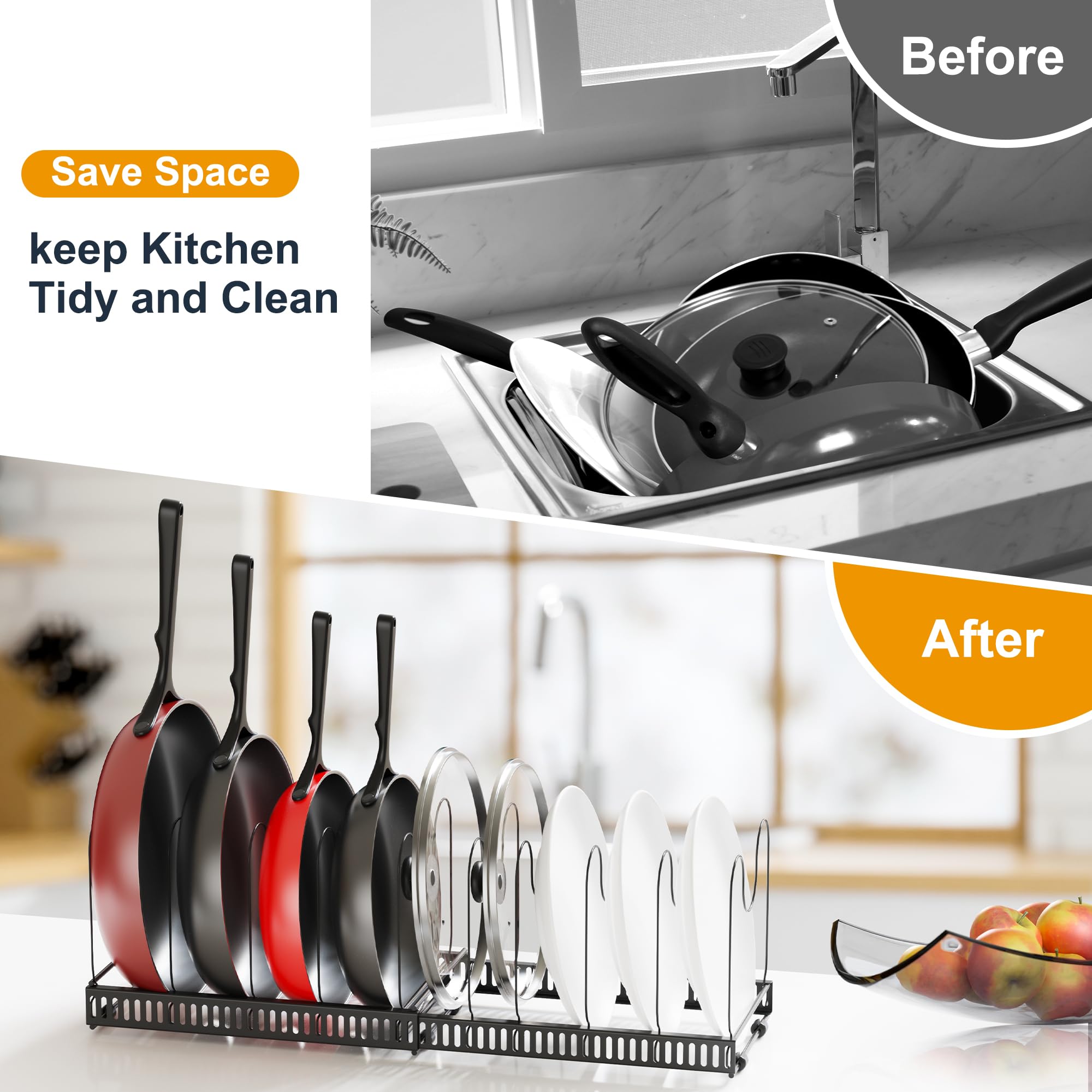 Bellsal Expandable Pots and Pans Organizer Rack for Cabinet, 10+ Adjustable Pot Lid Organizer Rack Holder, Kitchen Cabinet Pantry Pan Organizer Black
