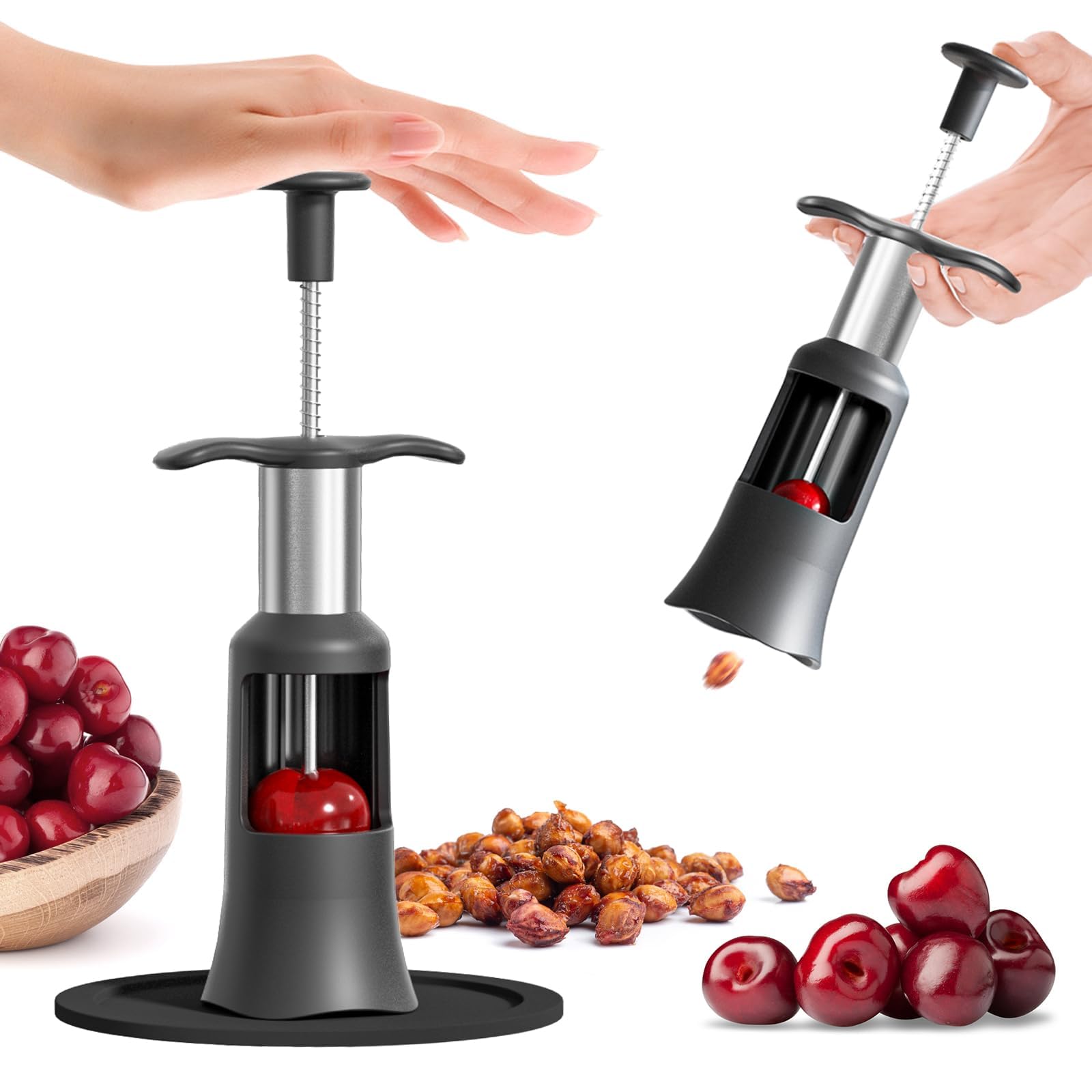 Cherry Pitter Remover Tool, Premium Quick Release Cherry Pitter, 2 in 1 Press & Push Type, Large 33mm Cherry Seed Remover, Durable, Food Grade Stainless Steel & PP Plastic, More Labor Savingļ¼Black)
