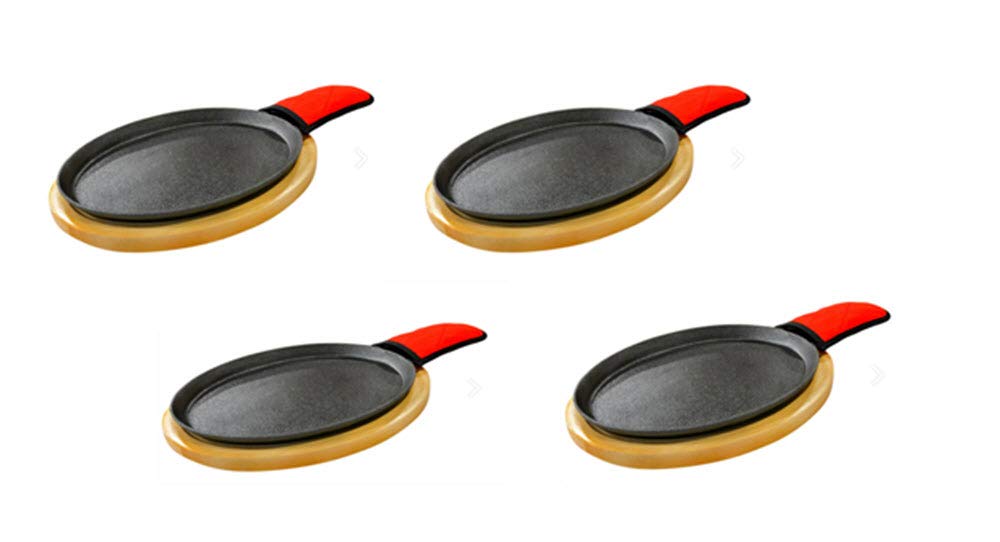 Brooks AG Parts Four Pre-seasoned Cast Iron Fajita Pan Sets,Includes Wooden Serving Bases,Padded Handle Sleeve and Cast Iron Skillet