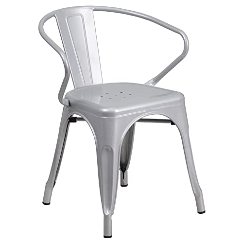 EMMA + OLIVER Commercial Grade 31.5" Square Silver Metal Indoor-Outdoor Table Set-4 Arm Chairs