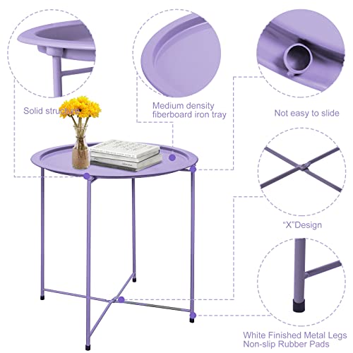 Folding Tray Metal Side Table Purple Green Round End Table Cyan Sofa Small Accent Fold-able Table, Round End Table Tray, Next to Sofa Table, Snack Table for Living Room and Bed Room