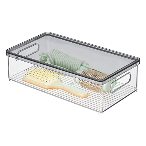 mDesign Small Plastic Stackable Bathroom Cabinet Storage Bin Box with Handles/Lid, Drawer Stacking Organizer for Soap, Lotion, Towels, and Accessories, Ligne Collection, 4 Pack, Clear/Smoke Gray, 15 x 8.5 x 4.2