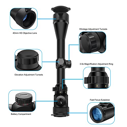 BESTSIGHT 3-9X40 Rifle Scope,Red & Green Illumination System,Rangefinder Reticle Riflescope for Hunting with 20mm Scope Rings