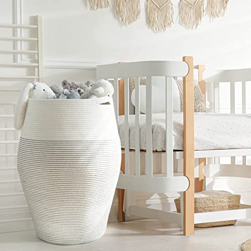 Goodpick Laundry Hamper | Woven Cotton Rope Dirty Clothes Hamper Tall kids Curve Laundry Basket Large, (White, 25.6 x 17.71 Inch)