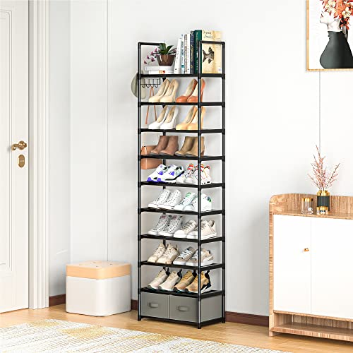 OYREL Sturdy Metal Shoe Rack Organizer,Narrow Shoe Racks for Closets, Shoe Stand,Shoe Shelf (10 Tier with 2 Boxes and 1 Hook)