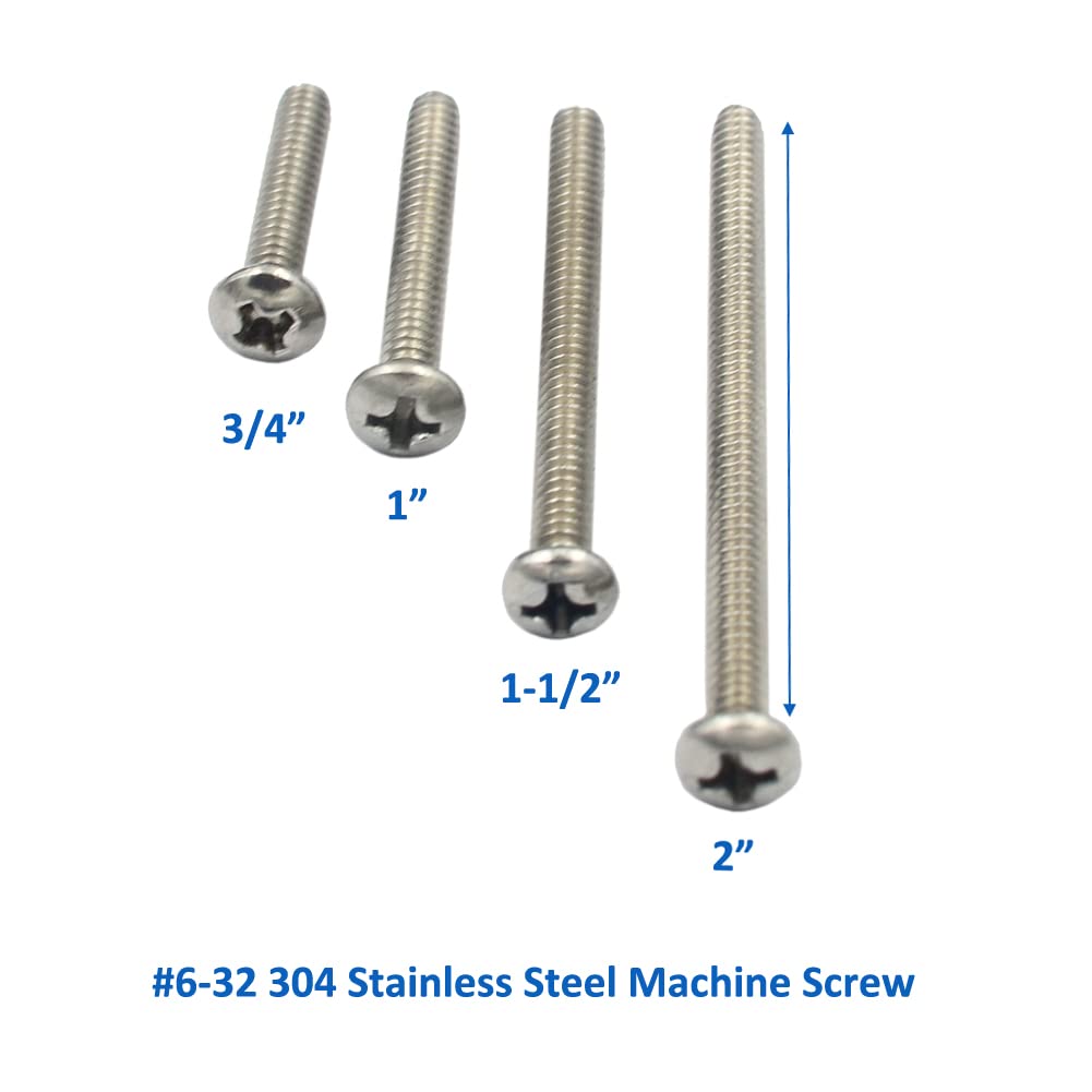 DGOL 145 pcs 304 Stainless Steel #6-32 Machine Screws Assortment Kit, Bolt, Fully Thread, Phillips Drive, Mix 4 Length (3/4, 1, 1-1/2, 2 inch)