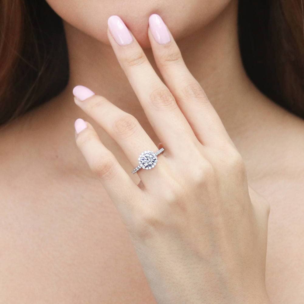 BERRICLE Sterling Silver Halo Wedding Engagement Rings Round Cubic Zirconia CZ Ring Set for Women, Rhodium Plated Size 7