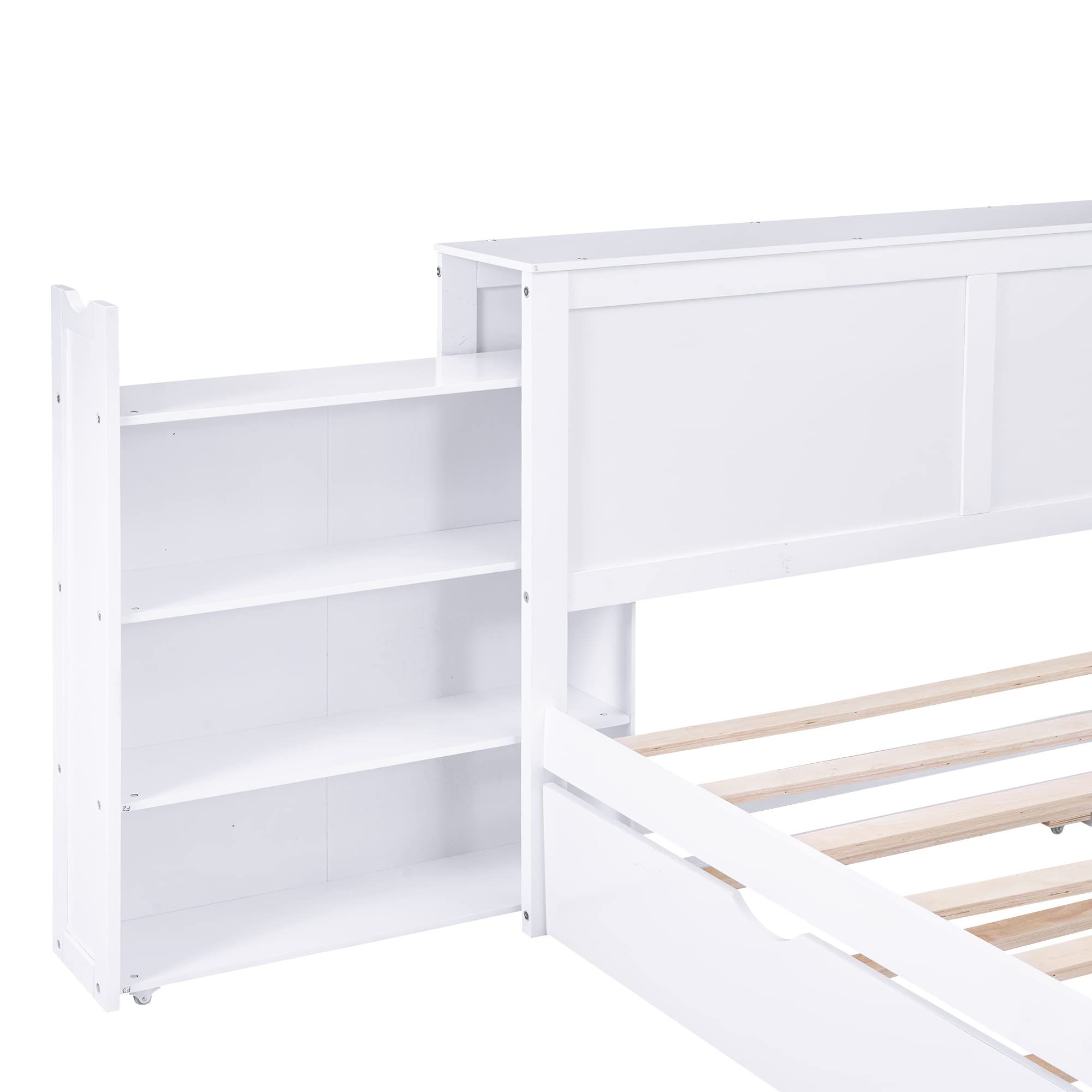 BIADNBZ Queen Size Storage Platform Bed with Pull Out Shelves and Twin XL Trundle, Wooden Bedframe with Headboard, for Bedroom Guest Room Dorm, White