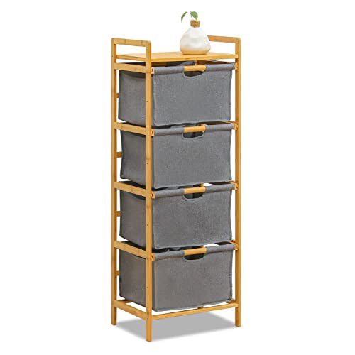 MoNiBloom Bamboo Organizer Clothing Storage Shelf with 4 Part Compartment Sorter Baskets Fabric Removable Clothes Drawers for Bedroom Laundry Living Room, Grey