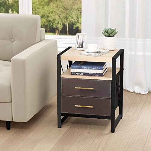 GAJUST Versatile Bedside Table with 2 Drawers and Adjustable Legs, Removable Fabric Bins, Gold Pull Handle, Sturdy Iron Frame, Wood Top, 2-Shelf Design