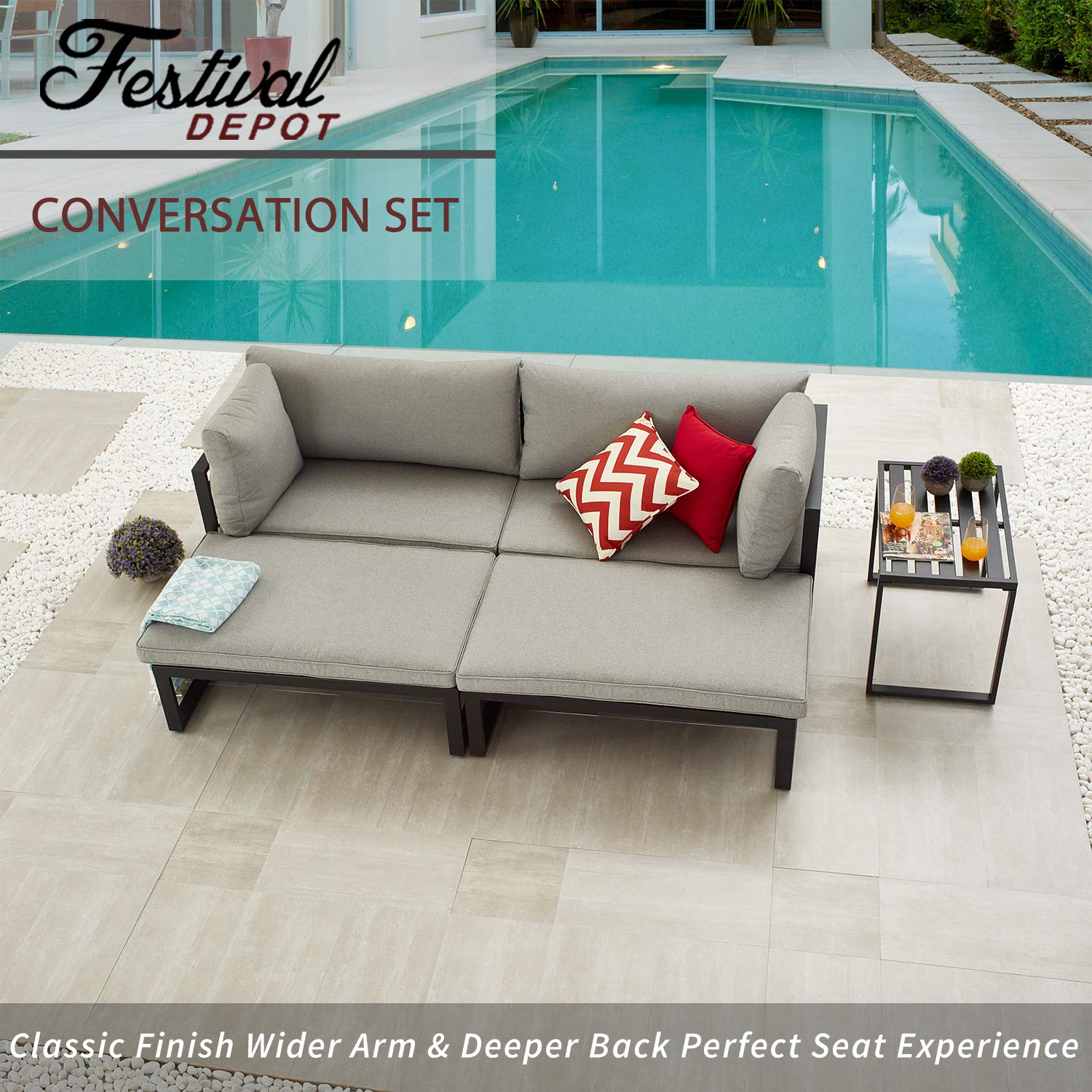 Festival Depot 5 Pieces Patio Furniture Outdoor Conversation Set Metal Corner Sectional Sofa Couch Patio Armrest Chair Cushioned Lounger Dining Coffee Side Table with Ottomans
