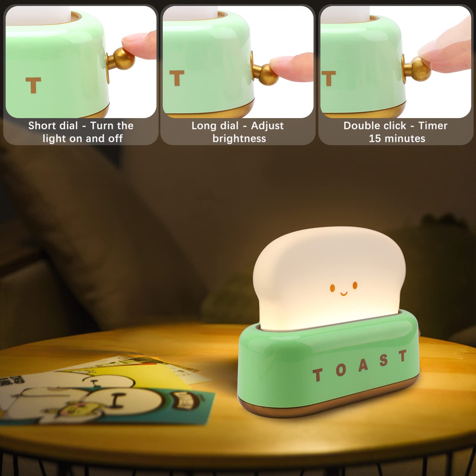 Decor Toaster Night Light Lamp Rechargeable Small Lamps with Smile Face Cute Toast Bread Shape Decor Night Lights for Kids Baby Nursery Green