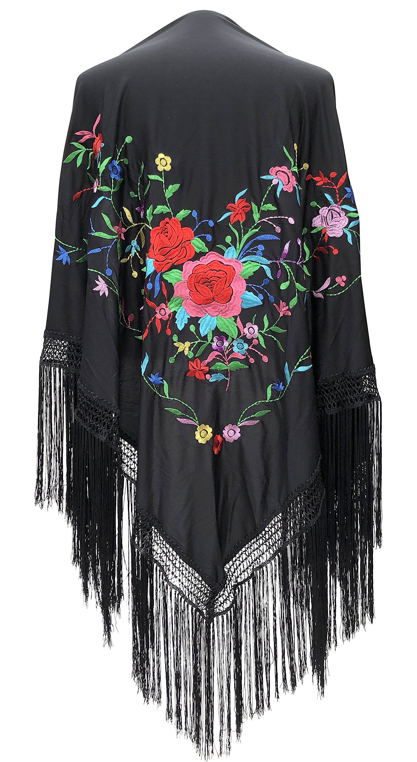 La Senorita Spanish Flamenco Dance Shawl Black with various colored flowers Fringes black size L