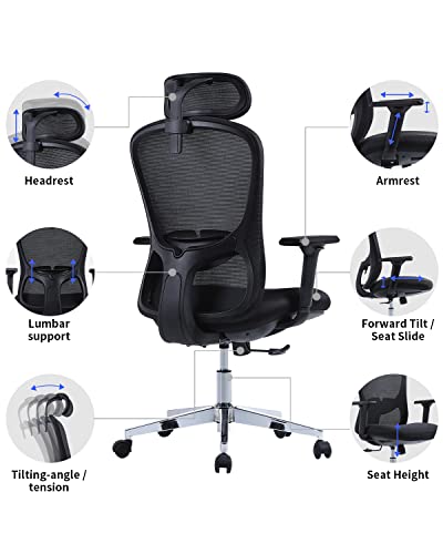 KARXAS Ergonomic Office Chair High Back Desk Chair with Adjustable Lumbar Support, Headrest & Armrest, Swivel Computer Task Chair (Black)
