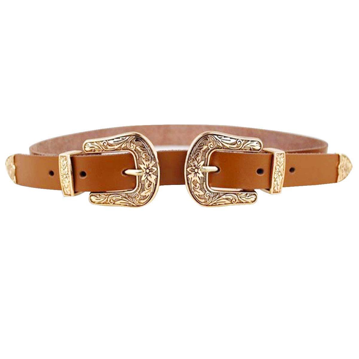 CLARA Women Vintage Western Waist Belt Double Buckle Belt PU Leather Waistband for Jeans Dress (Brown)