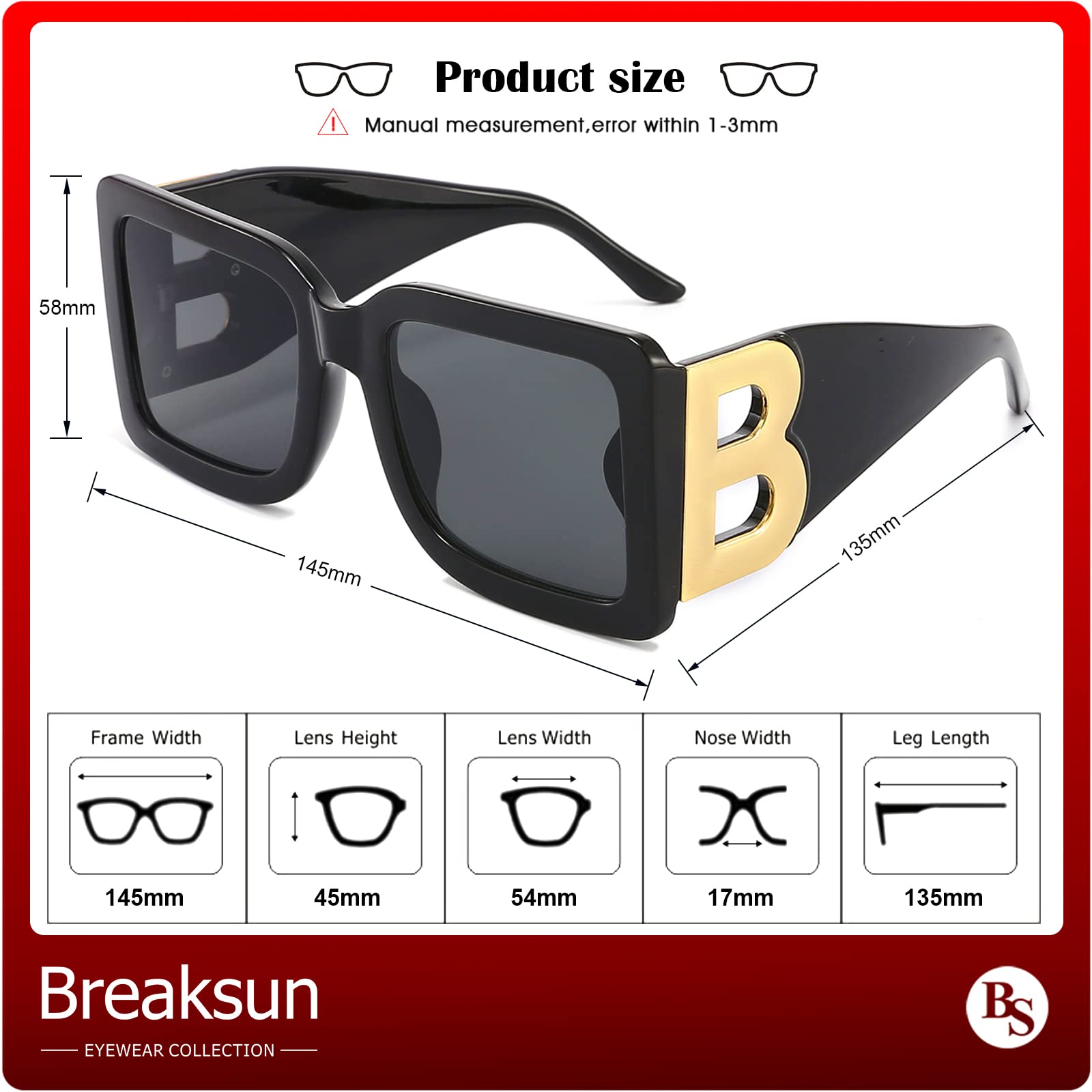 Breaksun Fashion Big Square Sunglasses for Women Men Classic Black Luxury Designer Sun Glasses Thick Frame Gradient Tint (Black/Grey/Gold Character)