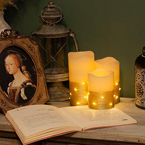 BeMoment Flickering Flameless Candles with Timer - Battery Operated, White LED String Lights, Gold Accent, Ideal for Home Decor, Fireplace, and Events, 3pcs (D 3" x H 4" 5" 6")
