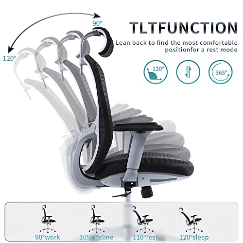 KARXAS Ergonomic Office Chair High Back Desk Chair with Adjustable Lumbar Support, Headrest & 3D Metal Armrest - 130° Rocking Mesh Computer Chair(Black&Grey)