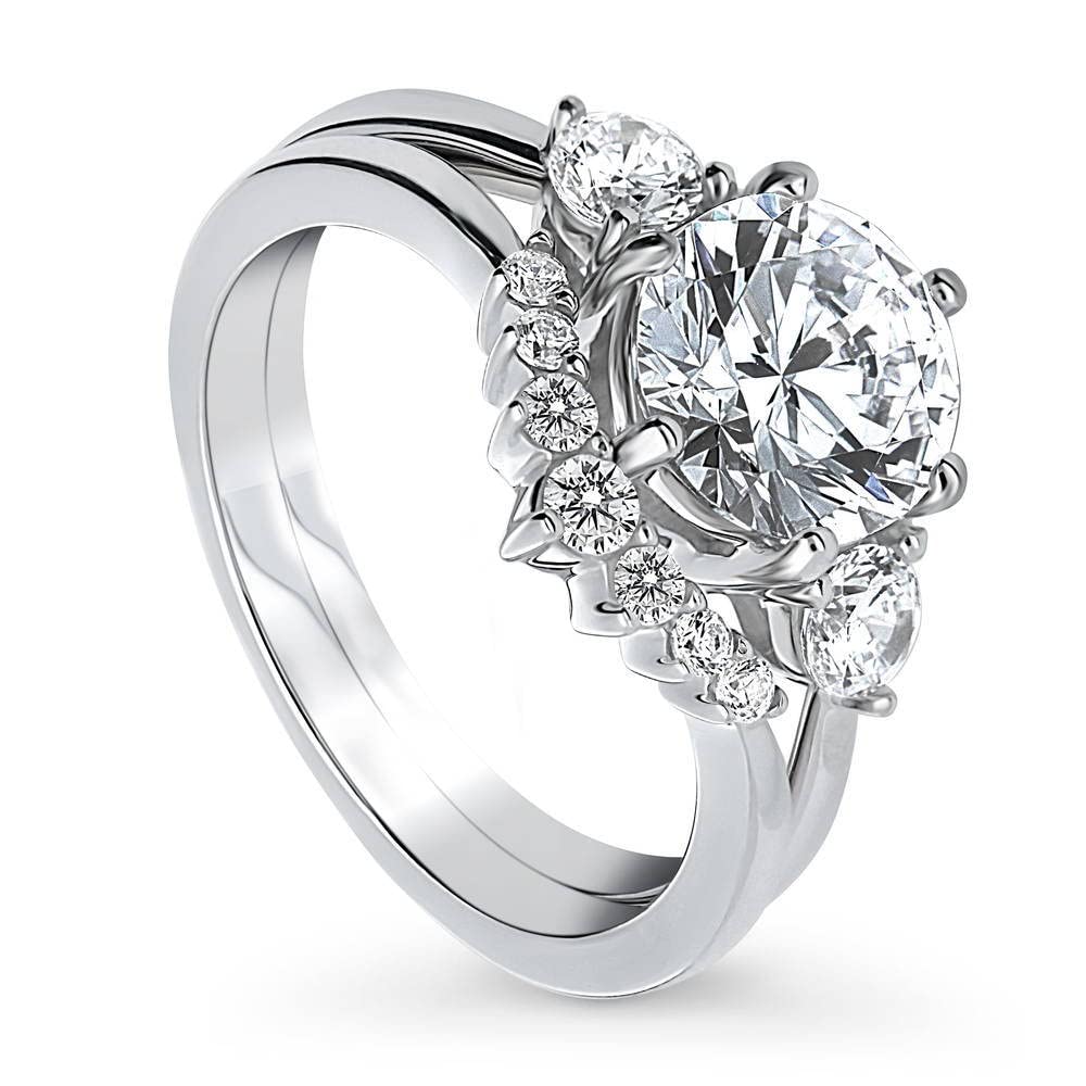 BERRICLE Sterling Silver 3-Stone Wedding Engagement Rings Round Cubic Zirconia CZ 7-Stone Ring Set for Women, Rhodium Plated Size 7.5