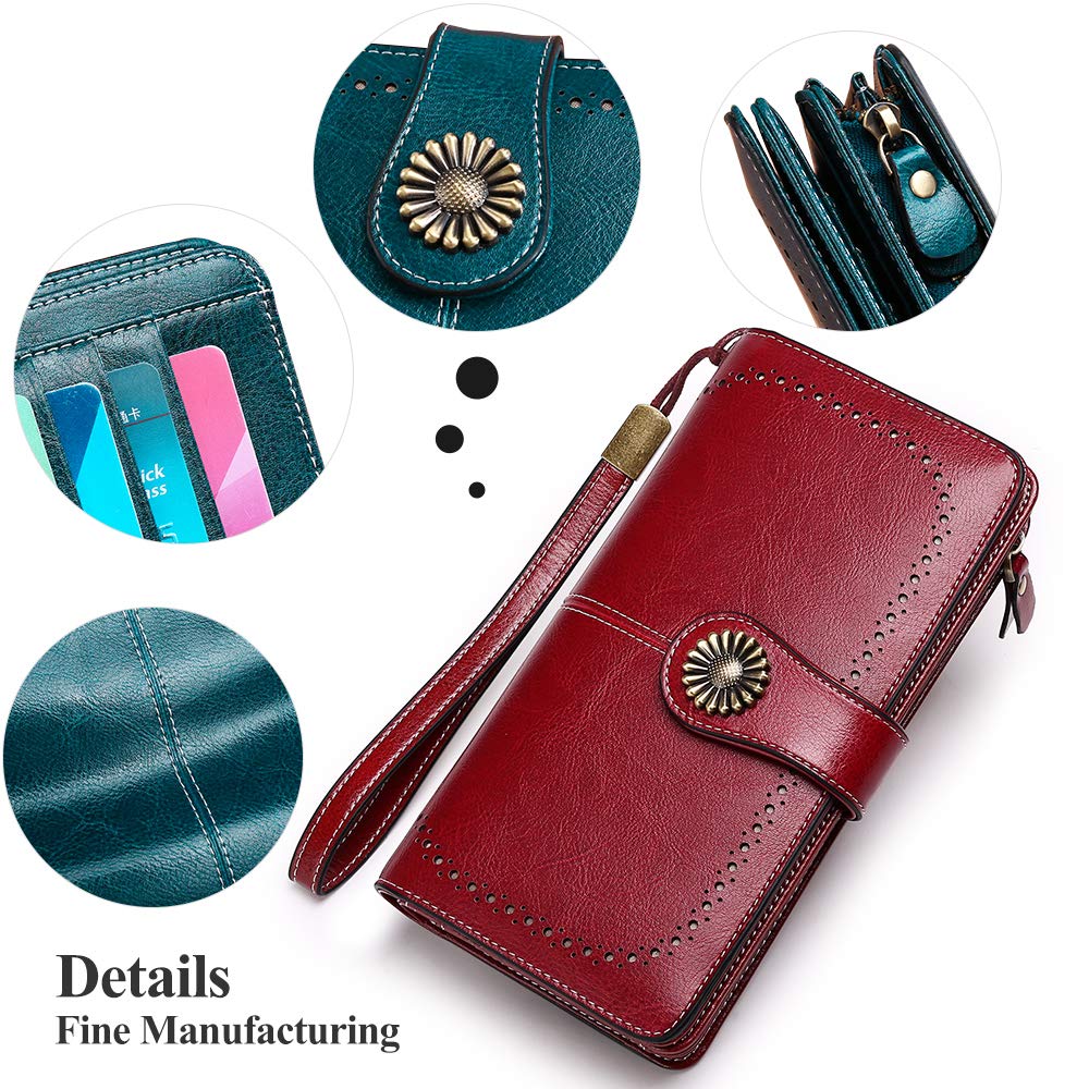 SENDEFN Genuine Leather Wallet for Women Clutch with Strap 24 Card Slots 2 ID Windows Cash Compartments 1 Zipper Pocket Credit Card Holder RFID Blocking Gift Box Included (Red-1)