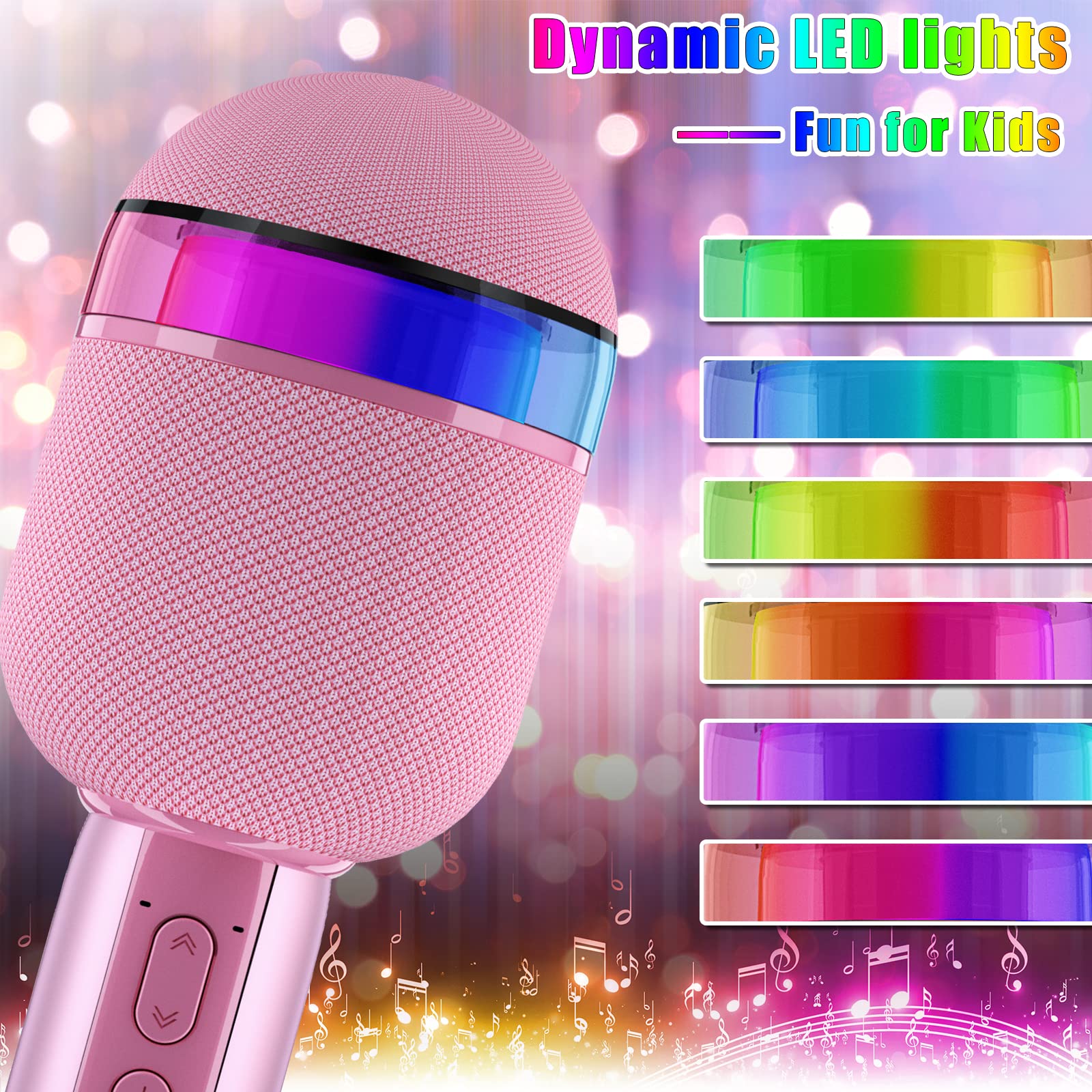 BONAOK Wireless Bluetooth Karaoke Microphone with LED Lights, 4 in 1 Portable Handheld Karaoke Machine Speaker Birthday Gifts for All Ages V09(P-ink)