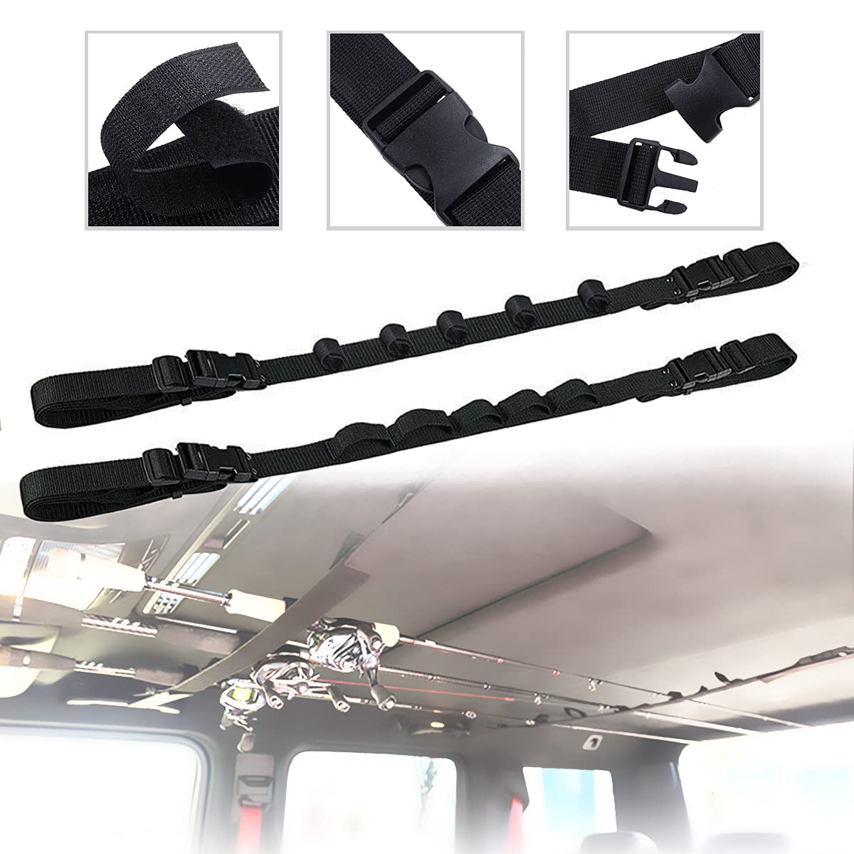 Car Fishing Rod Rack Holder Strap, 2Pcs Nylon Vehicle Fishing Rod Holder Belt 86.6 Inches Length Adjustable Polyester Strap Tackle Tools (2 PCS)