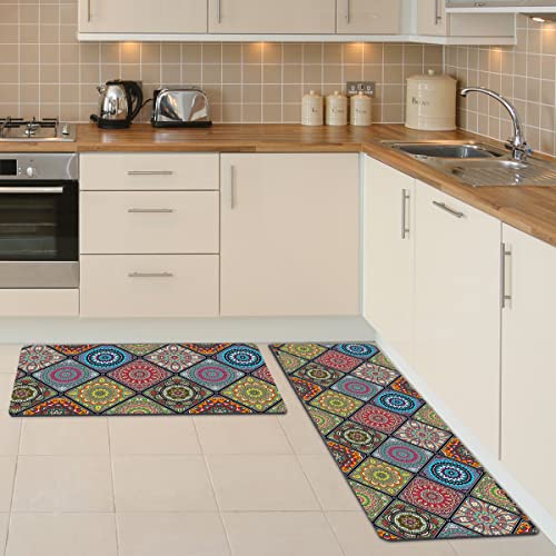 moonysweet Boho Anti Fatigue Kitchen Rug Mat Non Skid Cushioned Waterproof Non Slip PVC Leather Runner Standing Mat Colorful 17" x 29" +17" x 47" Set of 2 (2 Pieces)