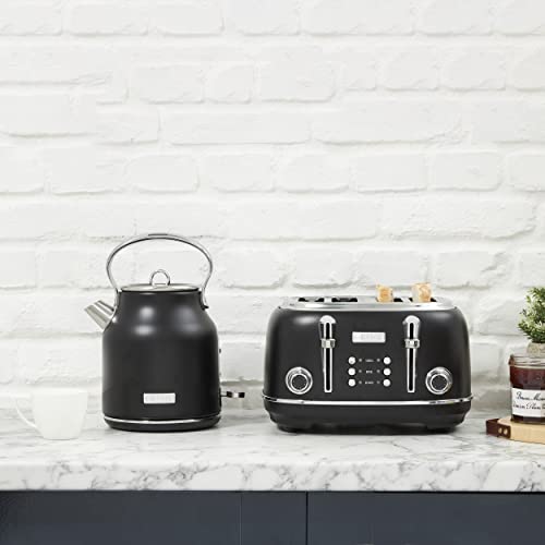 Haden 75095 Heritage 1.7 Liter Stainless Steel Body Countertop Retro Electric Kettle with Auto Shutoff & Dry Boil Protection, Black/Chrome