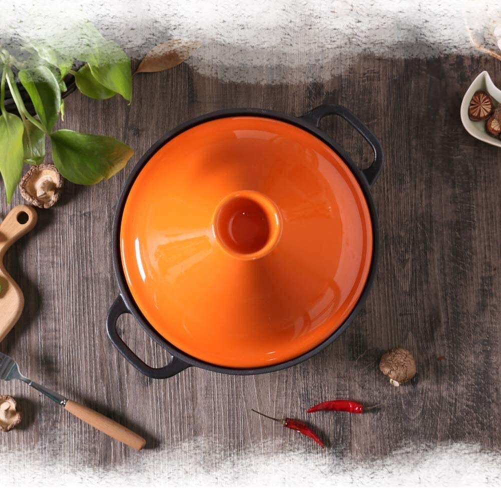 Casserole Dish with Lid Soup Pot Cast Iron Tagine Pot 20Cm, Tajine Cooking Pot with Enameled Cast Iron Base and Cone-Shaped Lid Lead Free Stew Casserole Slow Cooker,Orange