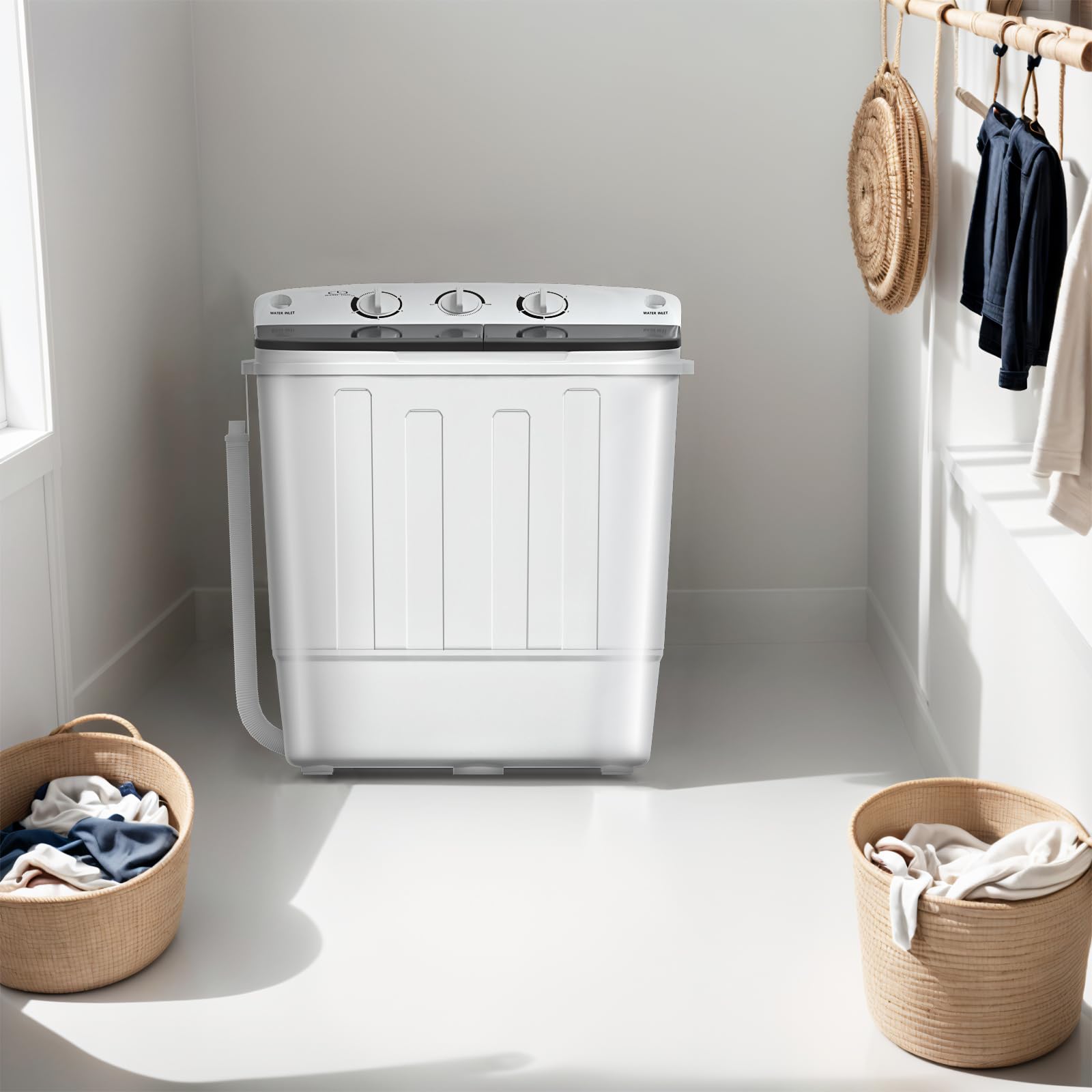 Doghly Compact Mini Twin Tub Washing Machine with Drying Rack, 11lbs Portable Laundry Washer and 7lbs Spinner, Convenient and Efficient for Dorms, Apartment (18lbs)