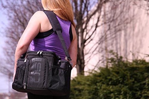 Meal Prep Bag ISOBAG 3 Meal Insulated Lunch Bag Cooler with 6 Stackable Meal Prep Containers, 2 Ice Pack ISOBRICKS, and Shoulder Strap - MADE IN USA (Blackout)