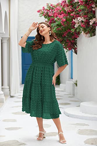 IN'VOLAND Womens Chiffon Elegant Plus Size Dresses Swiss Dot Babydoll Short Sleeve Party Midi Dress Dark Green