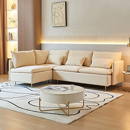 GreatHome L-Shaped Modular Sectional Couch, 4-Seater Corner Sectional Sofa, Modern Beige Fabric L Sofa with 3 Pillows Included and Gold Metal Legs, for Small Space
