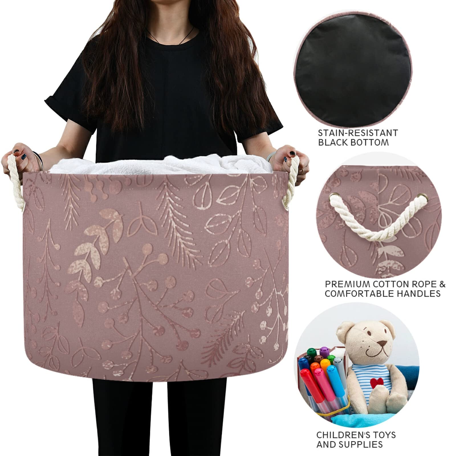xigua Rose Gold Flower Large Round storage basket 20 x14 Inches Collapsible Round Storage Bin, Laundry Basket Organizer for Towels, Blanket, Toys, Clothes