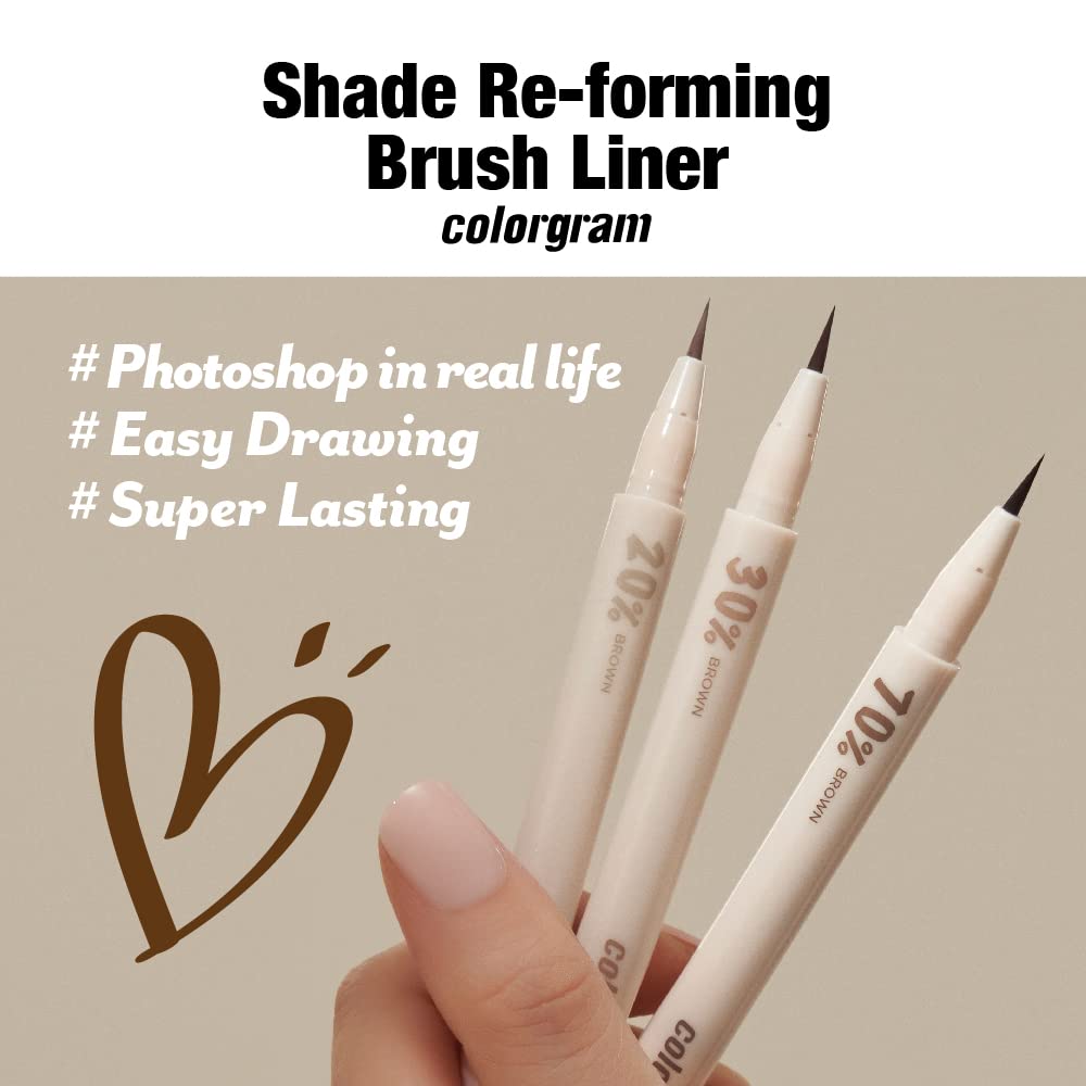 COLORGRAM Shade Re-Forming Brush Liner 30% Brown | Liquid Eyeliner, Long-Lasting Daily Makeup, Natural Eye Makeup, Smudgeproof, Winged Eyes, Cat Eye