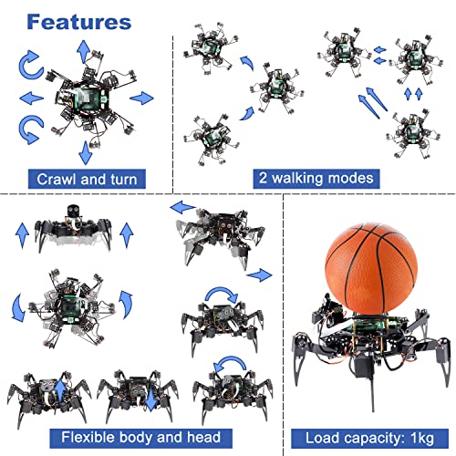FREENOVE Big Hexapod Robot Kit for Raspberry Pi 4 B 3 B+ B A+, Walking, Self Balancing, Live Video, Face Recognition, Pan Tilt, Ultrasonic Ranging, Camera Servo (Raspberry Pi NOT Included)