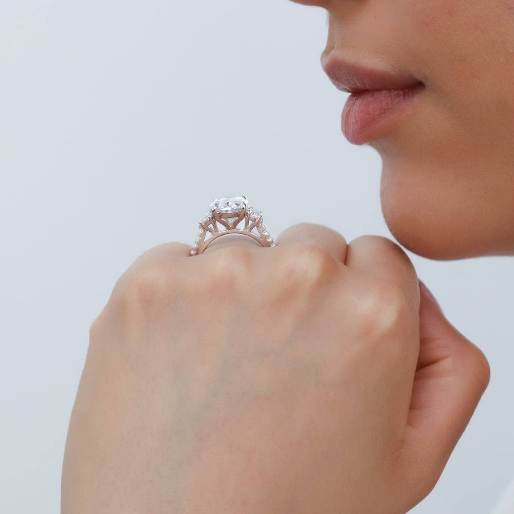 BERRICLE Sterling Silver 3-Stone Wedding Engagement Rings Oval Cut Cubic Zirconia CZ Statement Cocktail Anniversary Ring for Women, Rhodium Plated Size 8