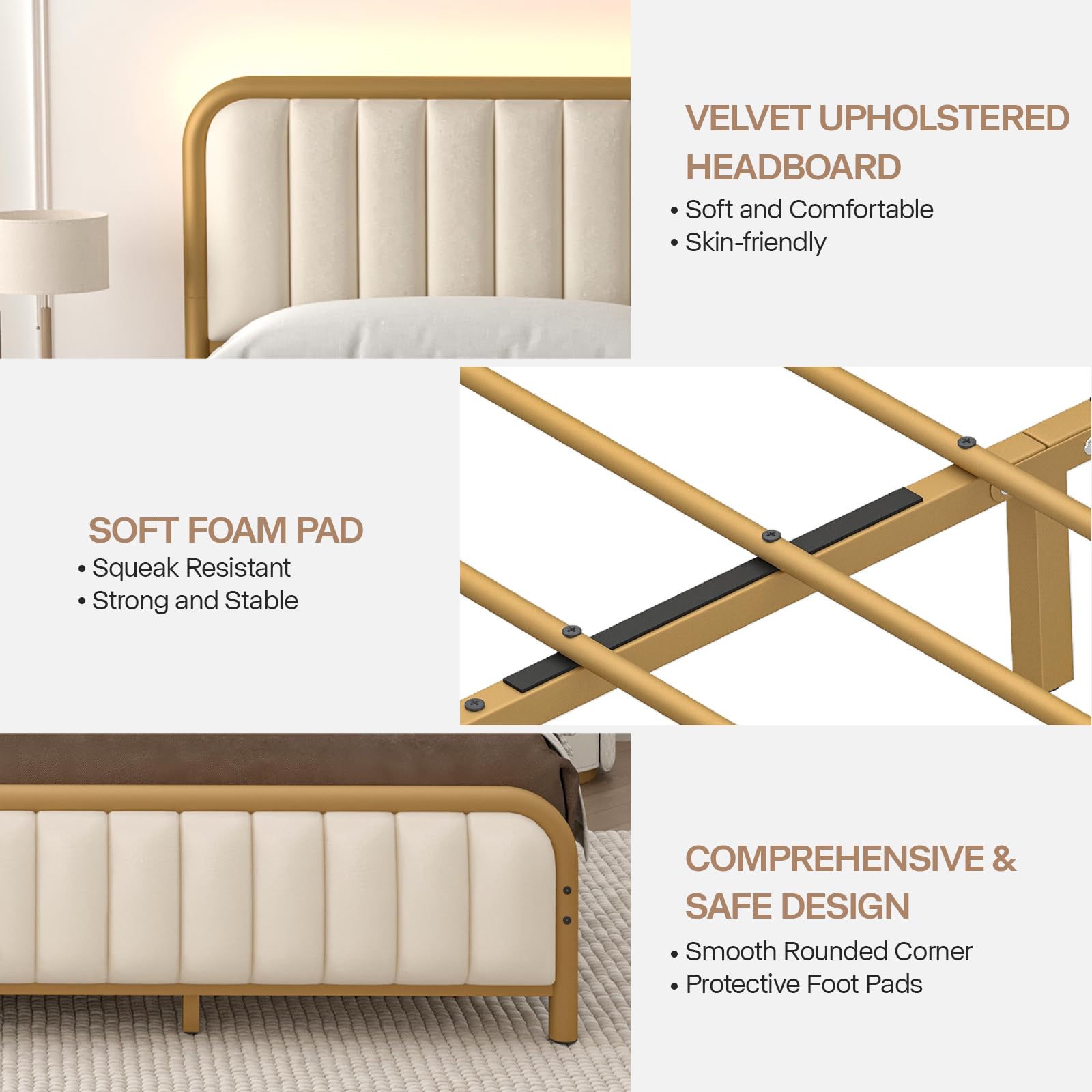 DOGIBIXO Queen Bed Frame with LED Lights, Upholstered Velvet Platform Bed Frame with Tufted Headboard and Footboard, Gold Metal Slats Support, Noise-Free, Easy Assembly, No Box Spring Needed, Beige