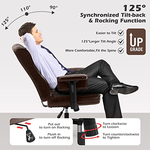 YAMASORO High Back Ergonomic Executive Office Chair with Wheels and Arms, Tufted Back & Nailhead Trim, Home Office Desk Chairs for Home & Office, Faux Leather Swivel Work Chair,Brown