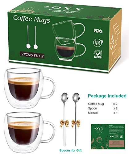 OYY 5oz Glass Coffee Mugs Set of 2, Double Wall clear Coffee Cup with Handle, Expresso Coffee glass mugs with Spoons, Insulated Coffee Glass Suit for Espresso Machine, Latte, Beverage, Tea, cappuccino