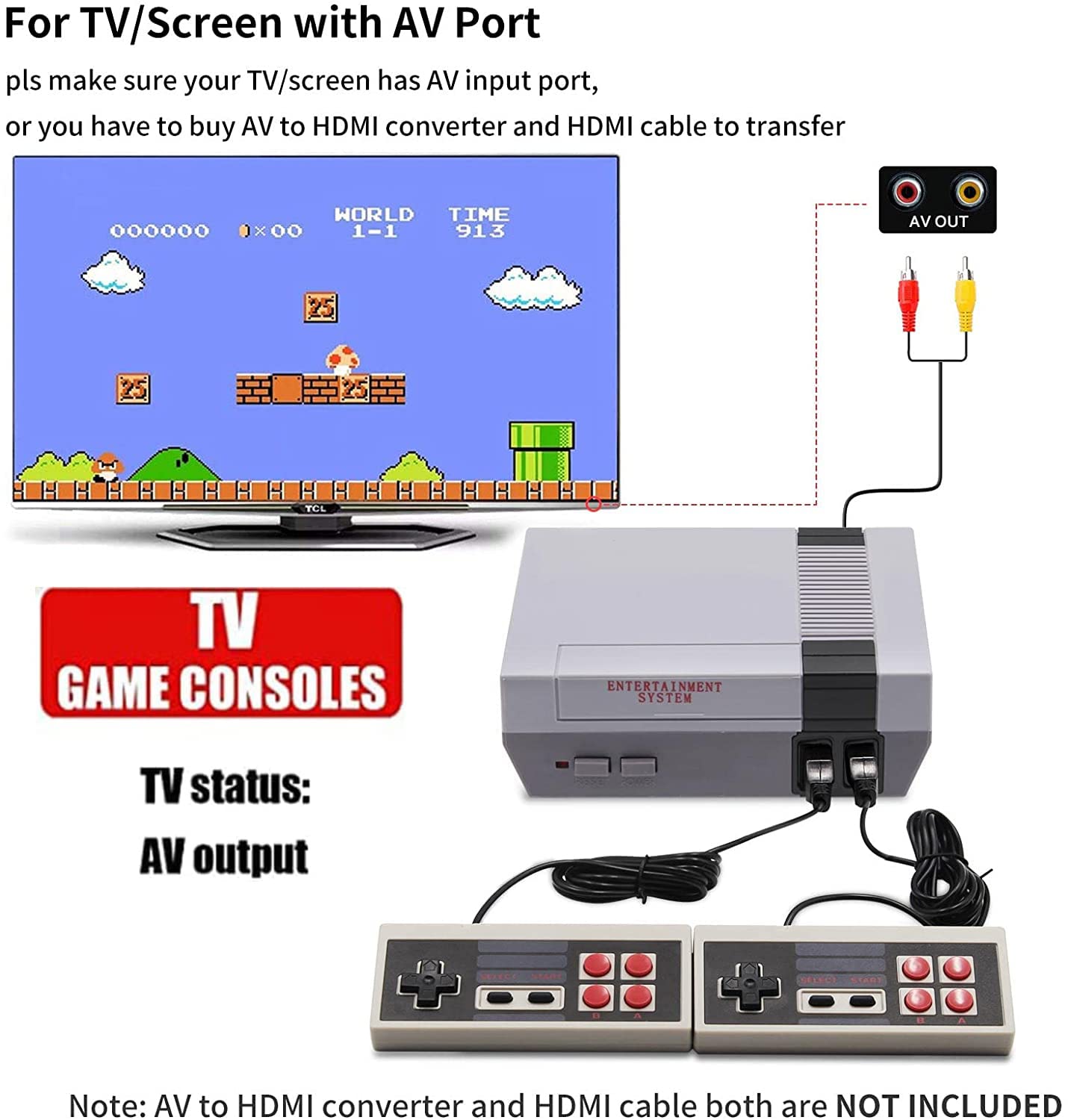Classic Retro Game Console, Retro Mini Video Game System Built-in 620 Old-School Games, 8-Bit Video Game System with 2 Classic Controllers