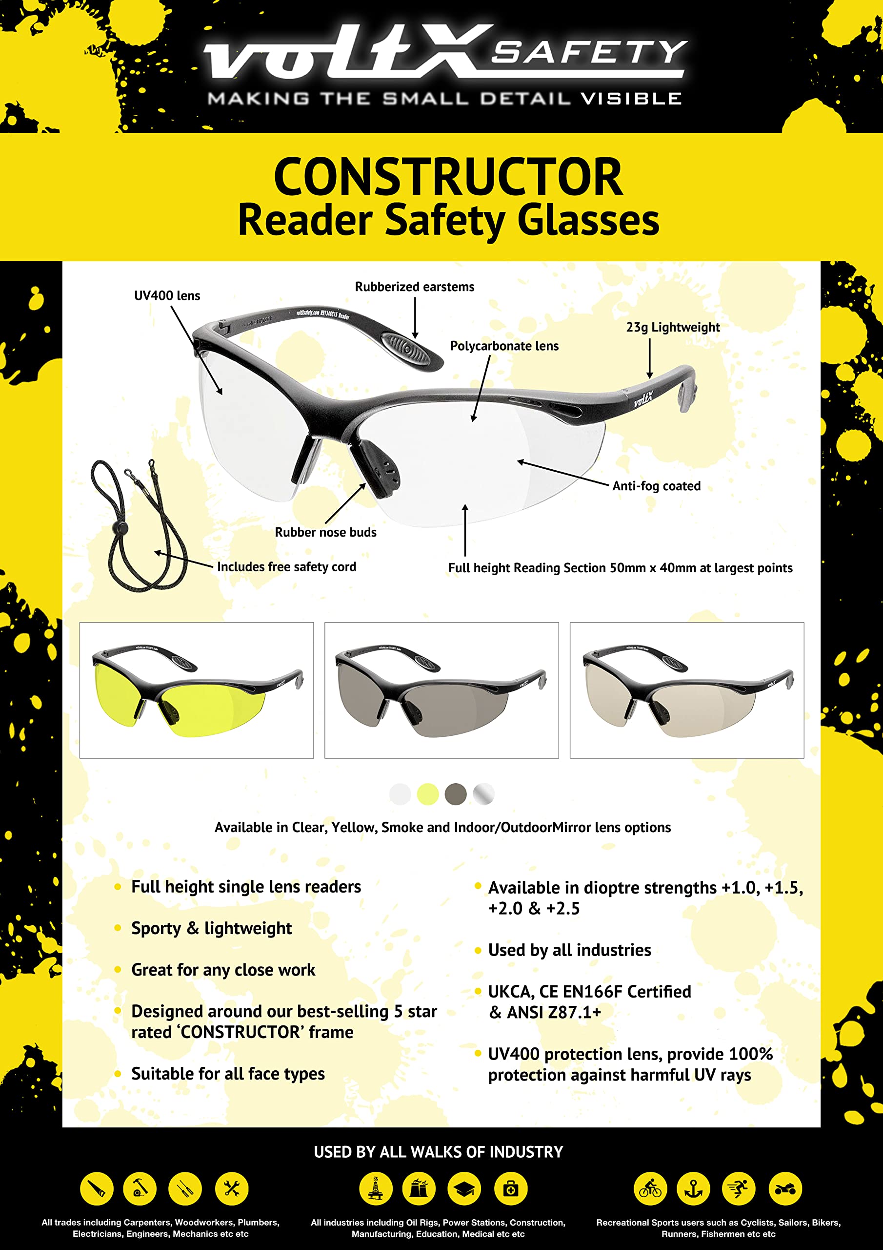 voltX 'Constructor' SAFETY READERS (CLEAR +2.0 Dioptre) Full Lens Reading Safety Glasses ANSI Z87.1+ & CE EN166F, Wraparound Style - Includes Safety Cord with headstop - UV400 anti fog coated lens