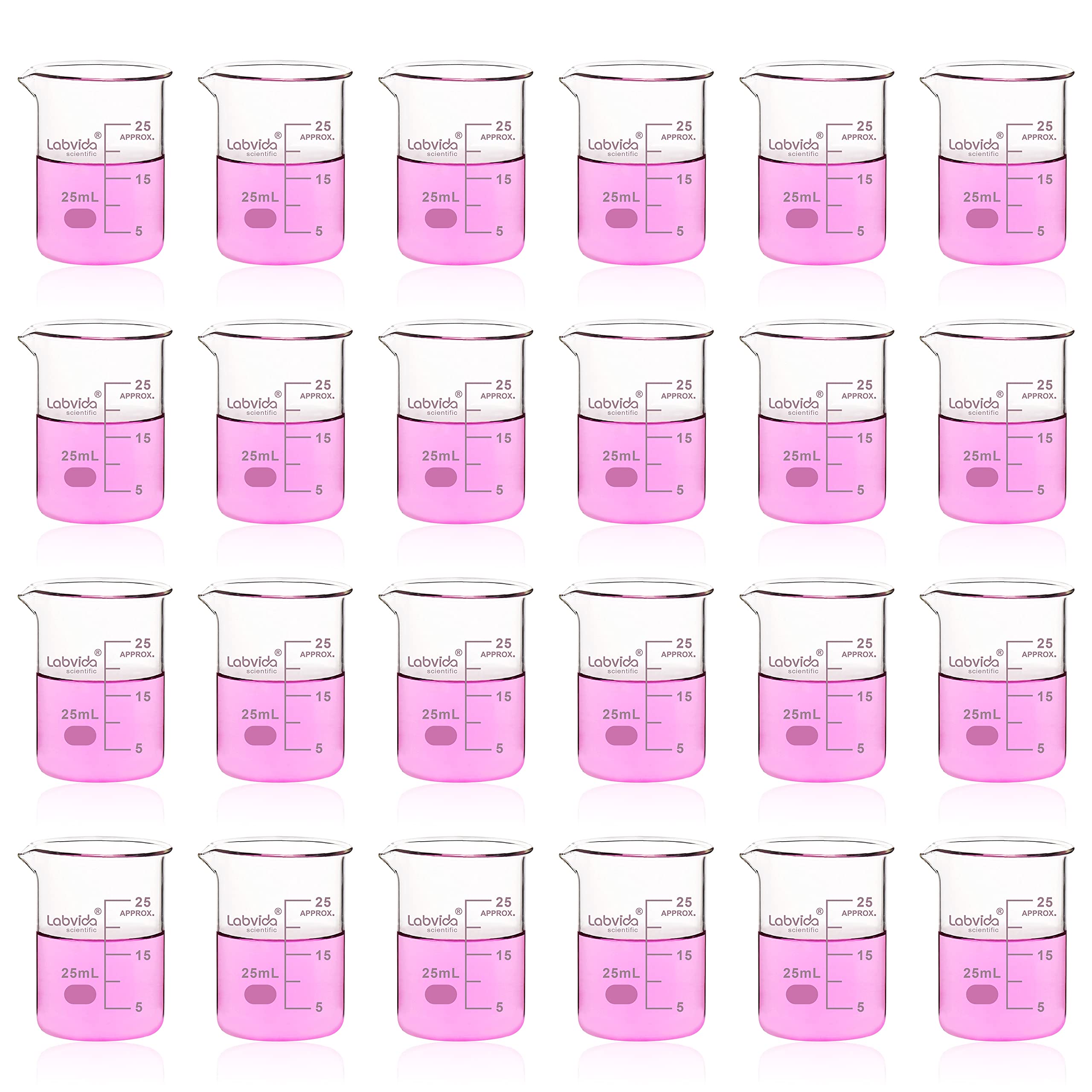 Labvida 24pcs of Low Form Glass Beakers, 3.3 Borosilicate with Printed Graduation, Vol.25ml,LVA037